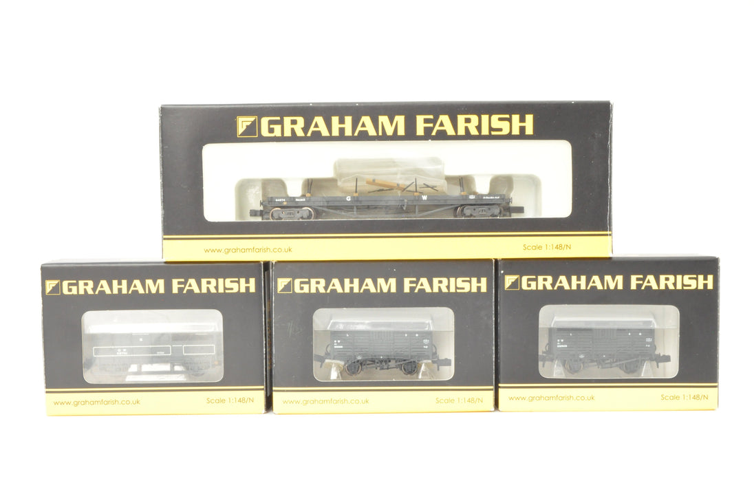 Graham Farish N Gauge Rake of 4 GWR Wagons, Bogie Bolster, 2 x Cattle