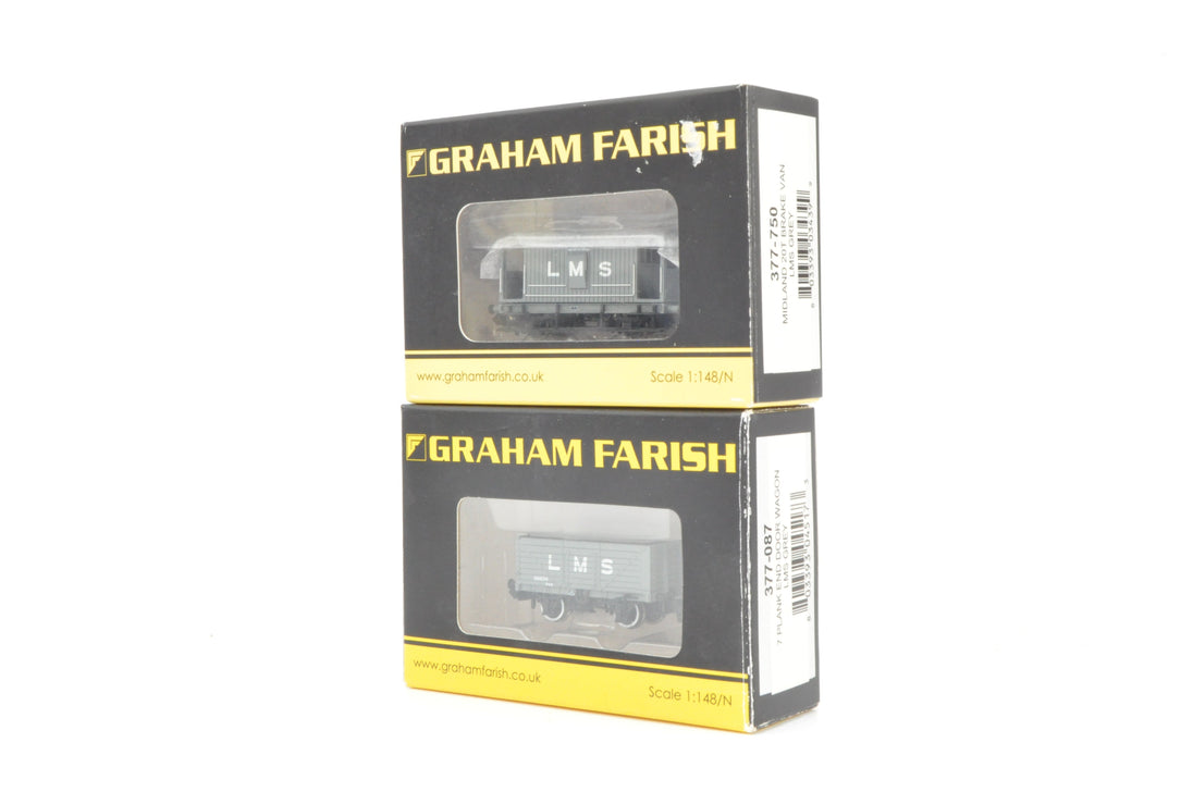 Graham Farish N Gauge LMS Grey 7-Plank Wagon and Midland 20T Brake Van