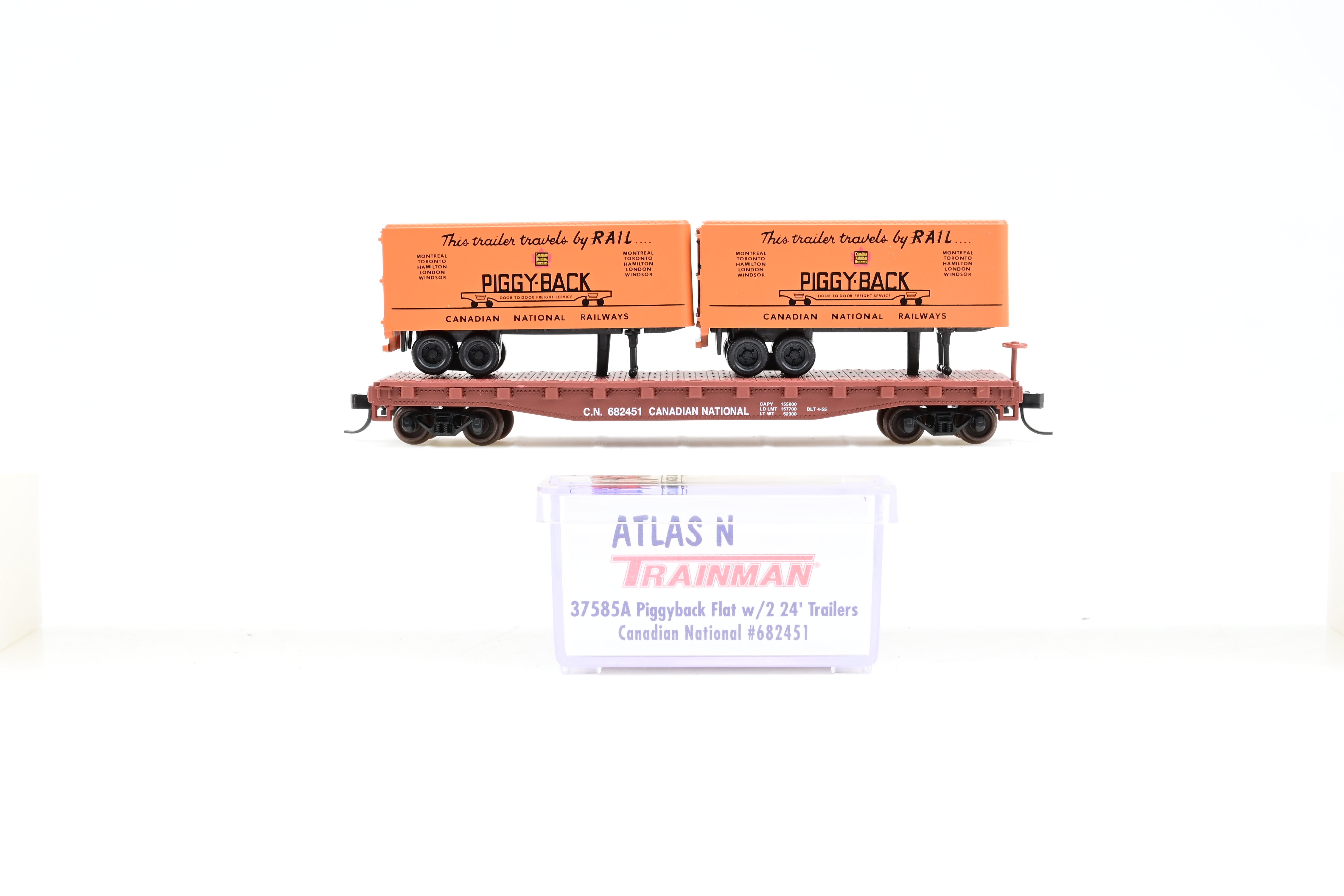 Atlas N Gauge 37585A Piggyback Flat w/2 24' Trailers Canadian National