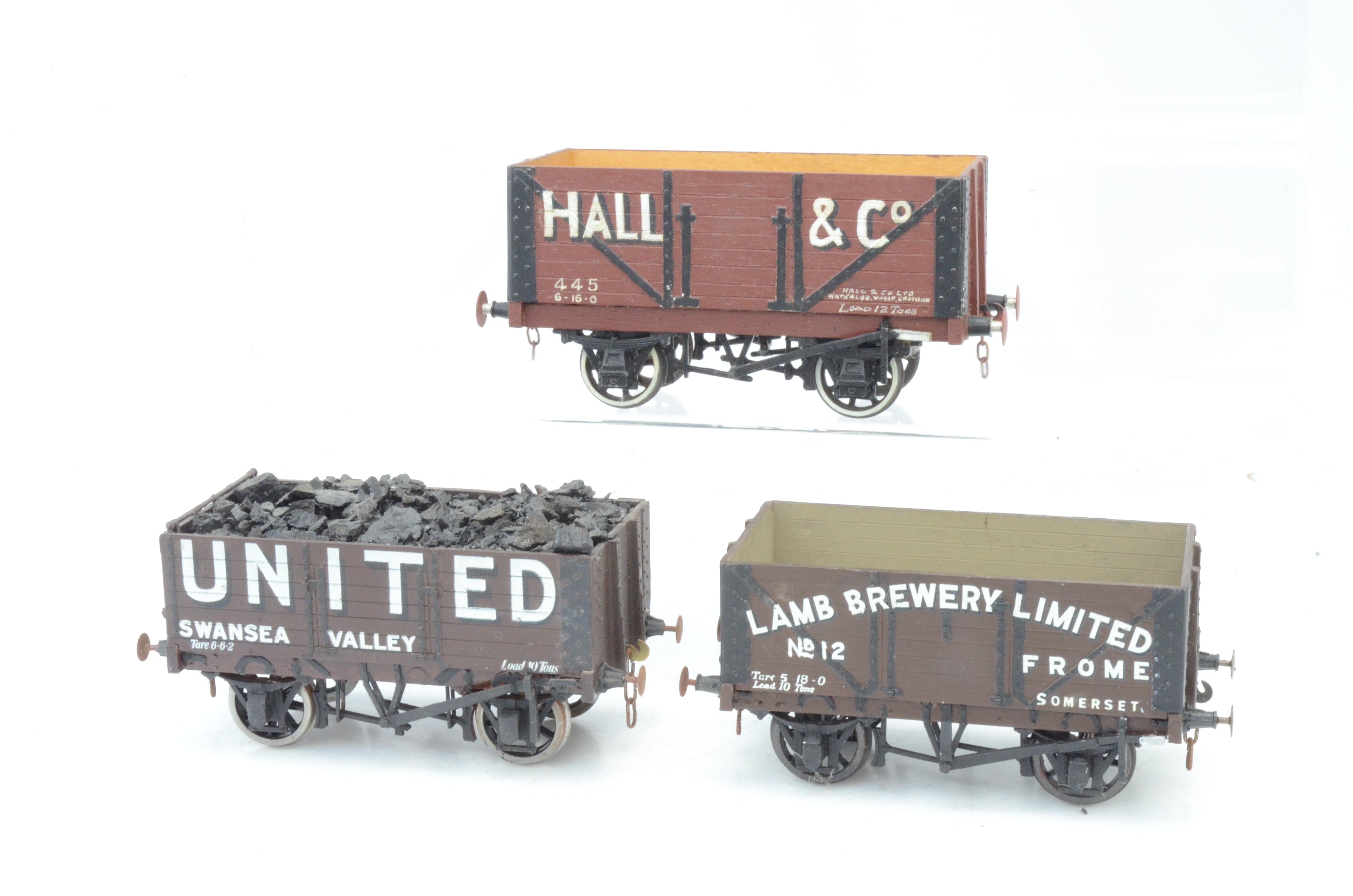 Kit Built 7mm O Gauge Rake of 3 PO Wooden Mineral Wagons, Hall & Co, U